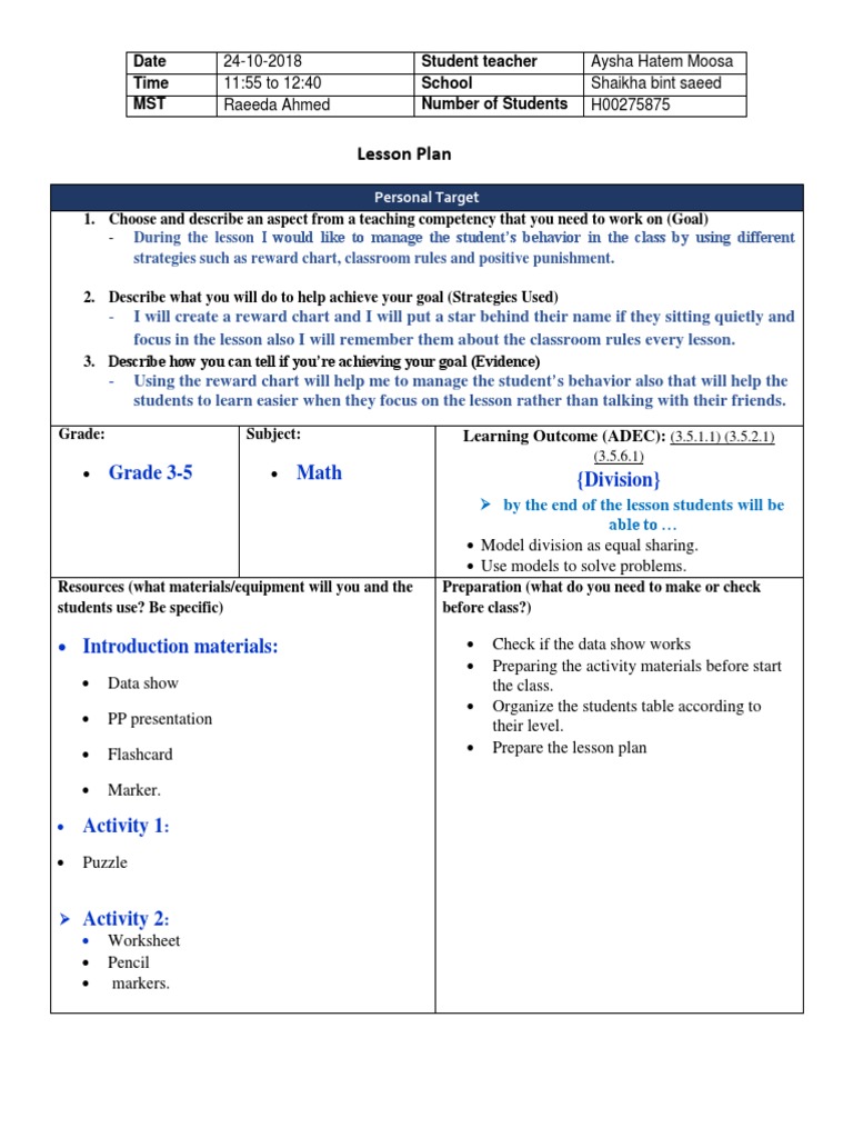 Lesson Plan: Grade 3-5 Math (Division) | PDF | Lesson Plan | Classroom