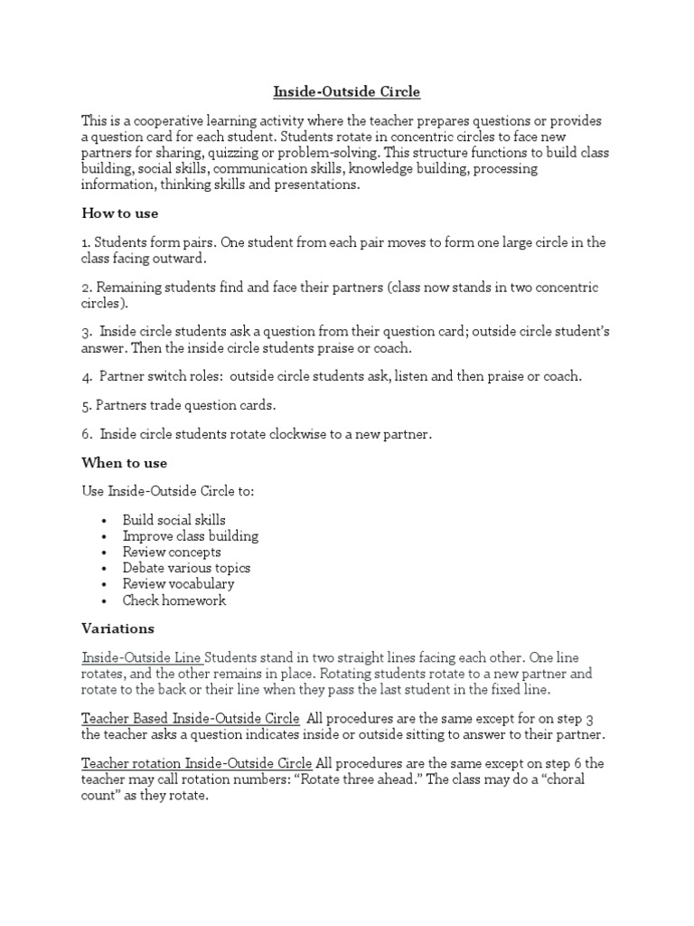 Inside-Outside Circle Activity Guide | PDF | Applied Psychology | Teaching