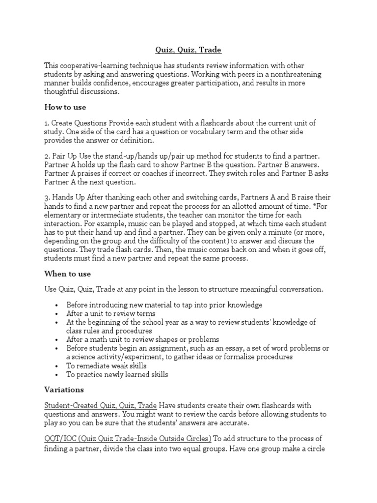 Kagan Quiz Quiz Trade | PDF | Education Theory | Applied Psychology