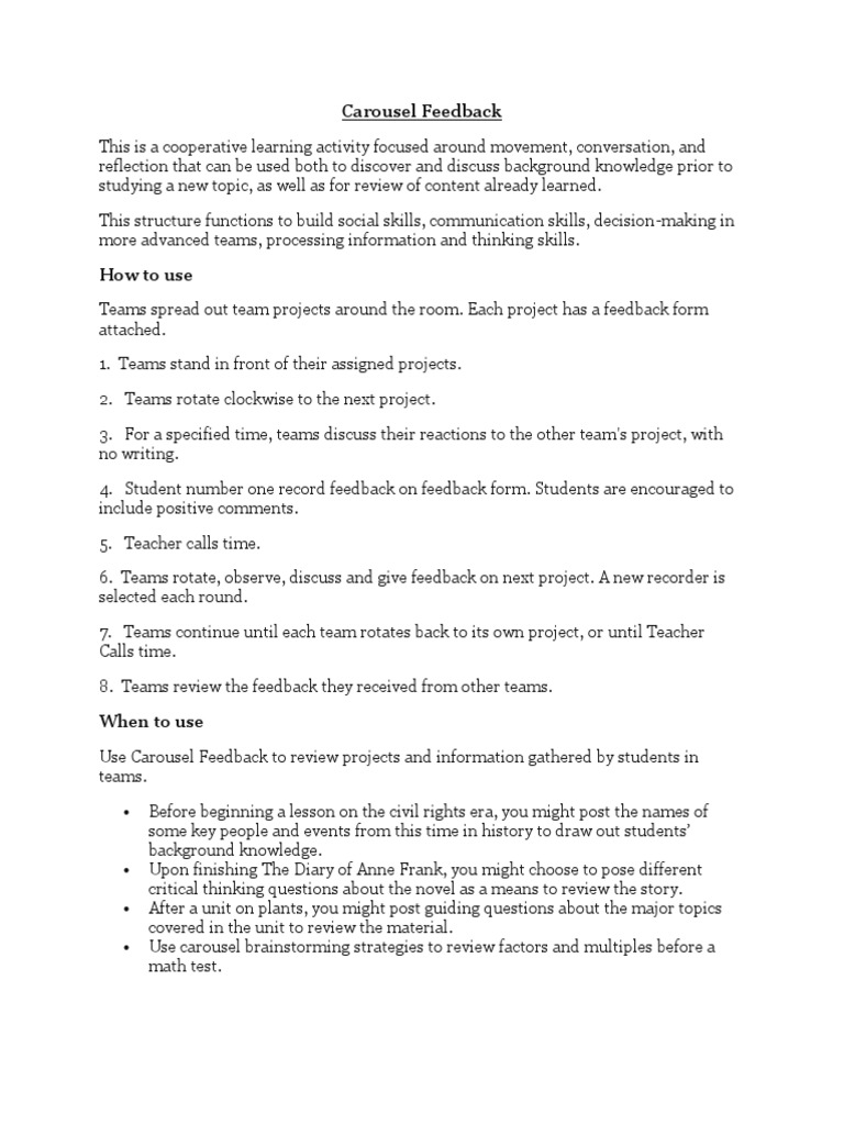 Kagan Carousel Feedback | PDF | Applied Psychology | Learning