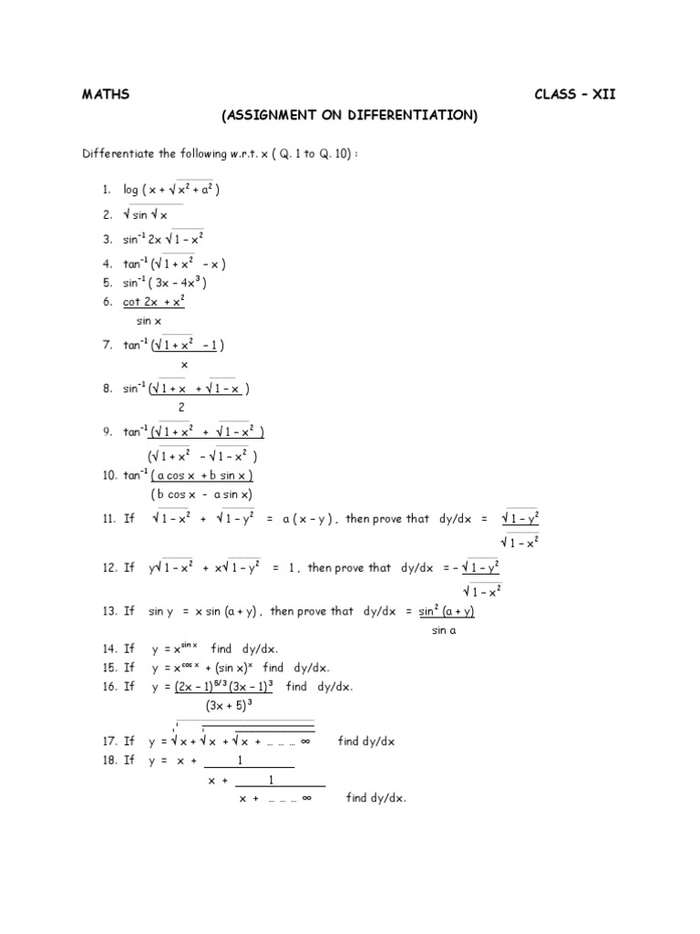 Maths Class Xii Assignment On Differentiation Pdf Mathematical Analysis Elementary