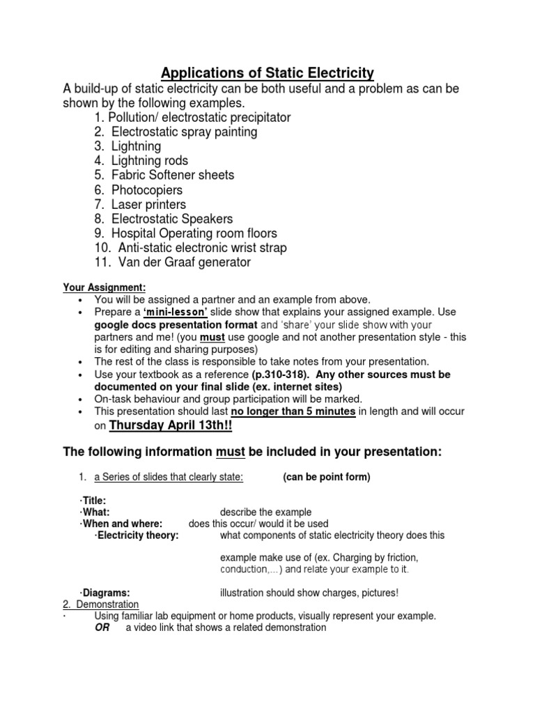 SNC1D - ASSIGNMENT - Applications of Static Electricity - F2018 | PDF ...