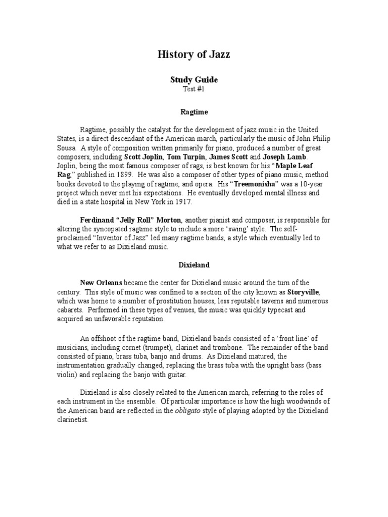 History of Jazz: Study Guide | PDF | Ragtime | Jazz