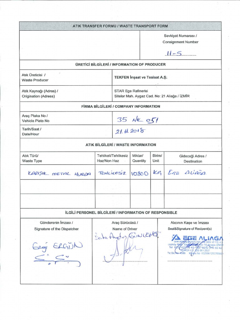 19 - 21.11.2018 Atık Transfer Formu 11-5 PDF | PDF
