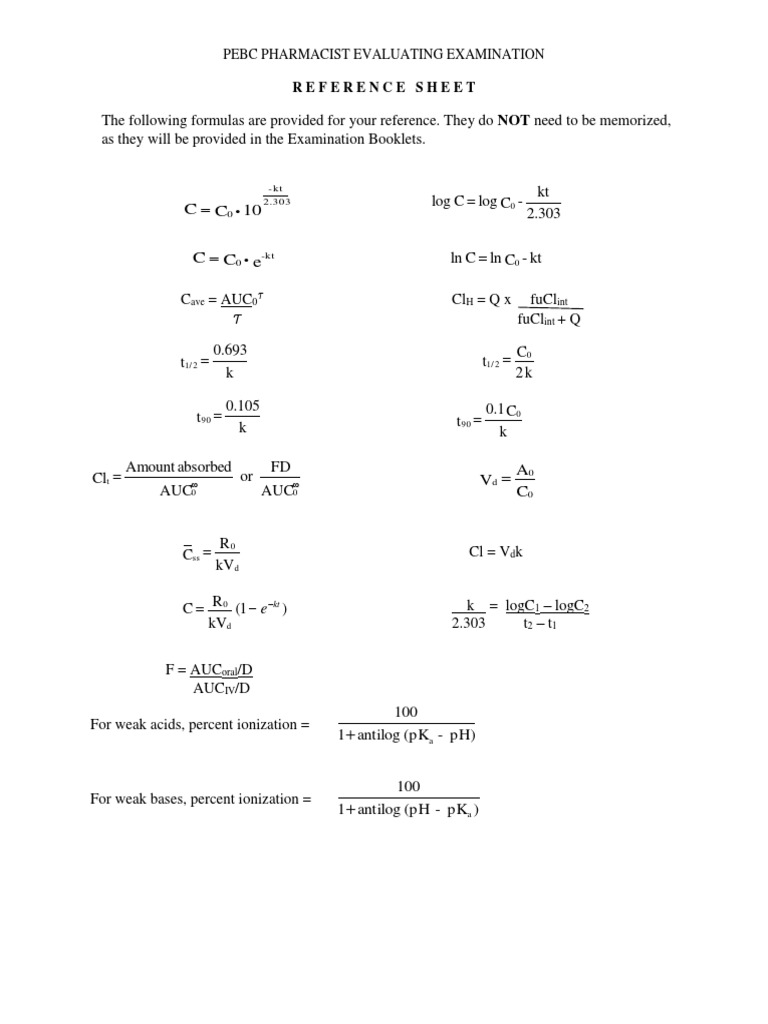 PEBC Pharmacist Exam Reference Formulas | PDF