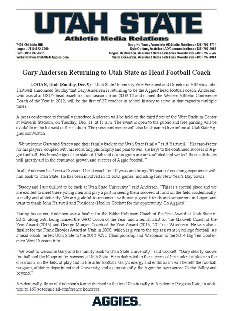 Gary Andersen Named Head Football Coach at Utah State University | PDF ...