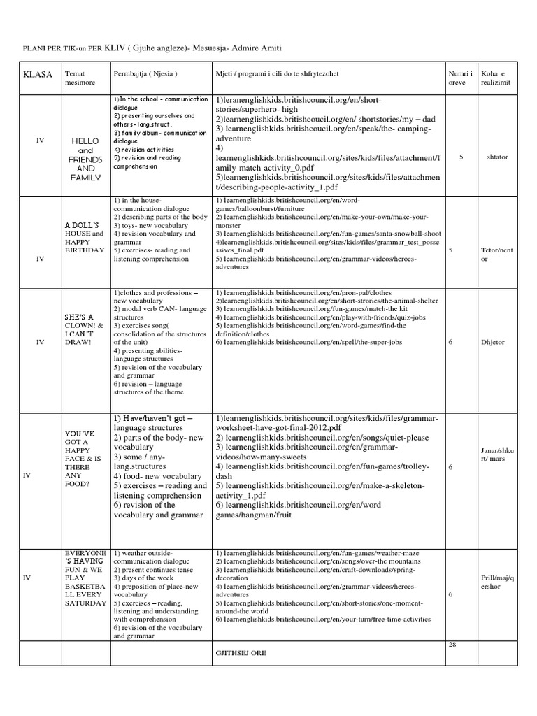 Primary English Language Learning Plan and Schedule for Class V | PDF ...
