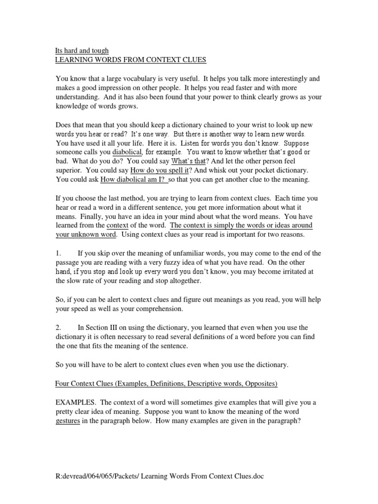 Context Clues Notes and Worksheets | PDF | Definition | Word