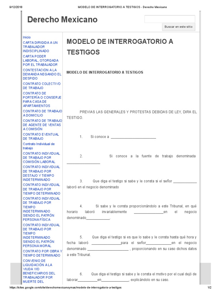 Modelo de Interrogatorio A Testigos - Derecho Mexicano | PDF ...