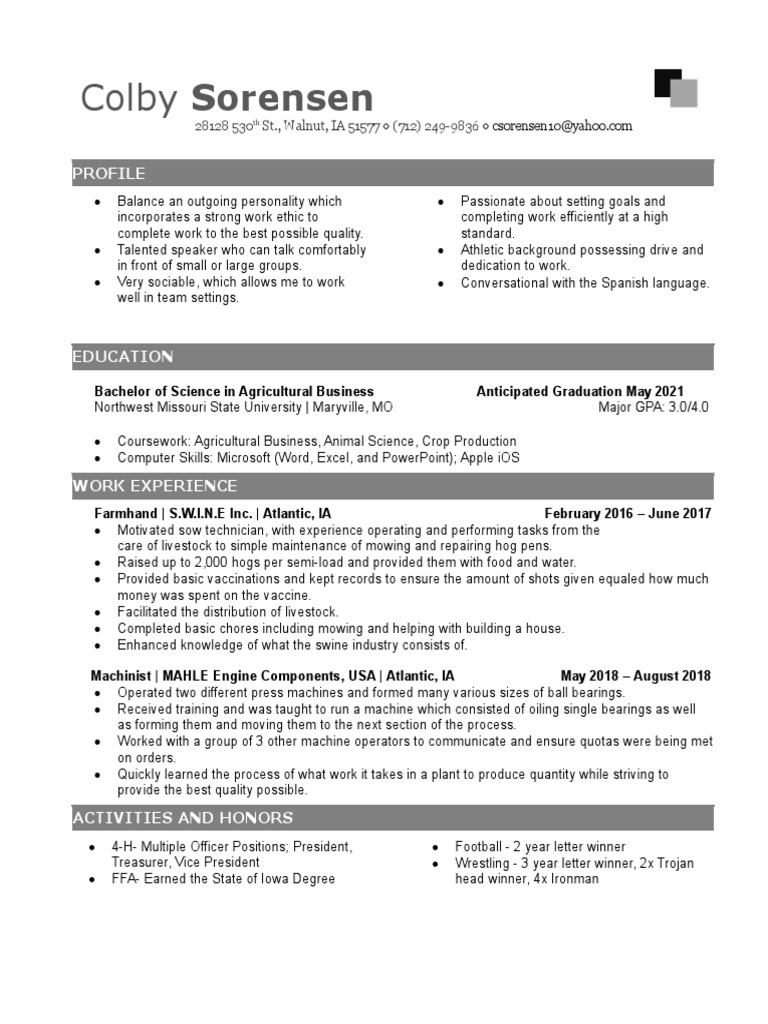 Colby Sorensen Resume | PDF | Iowa