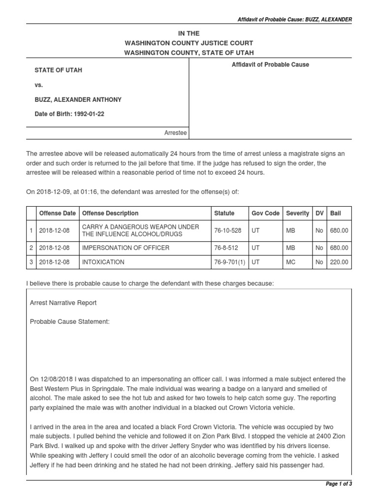 Alexander Buzz Probable Cause Statement | PDF | Arrest | Probable Cause