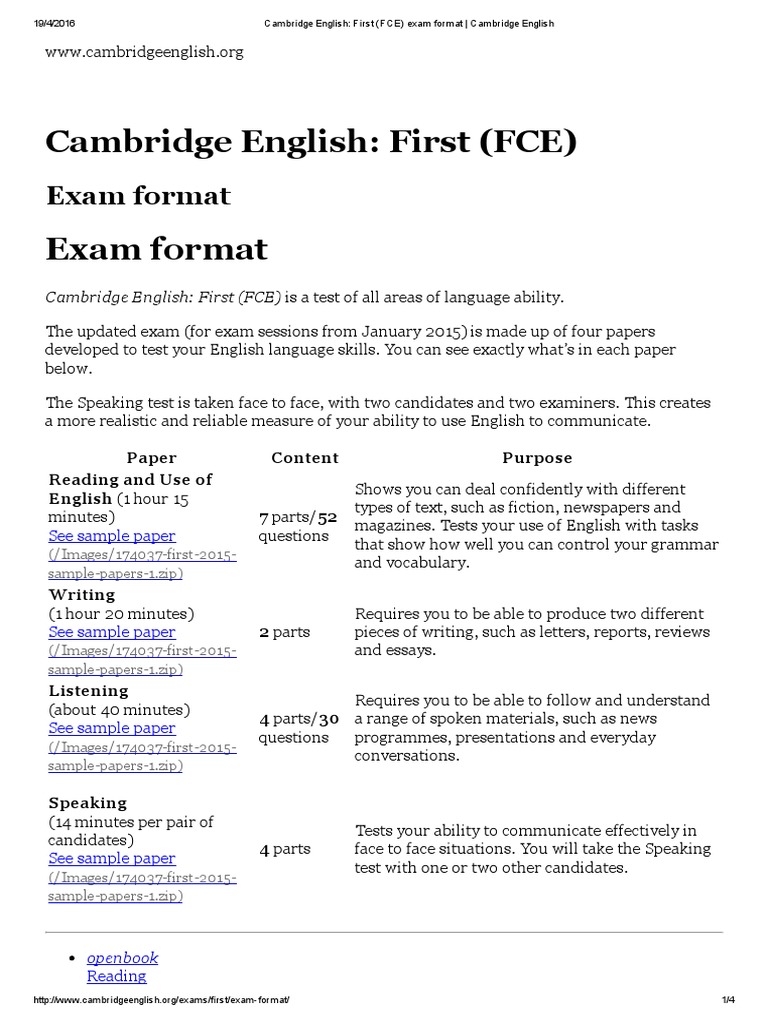 Cambridge English: First (FCE) : Exam Format | PDF | Tests | Human ...
