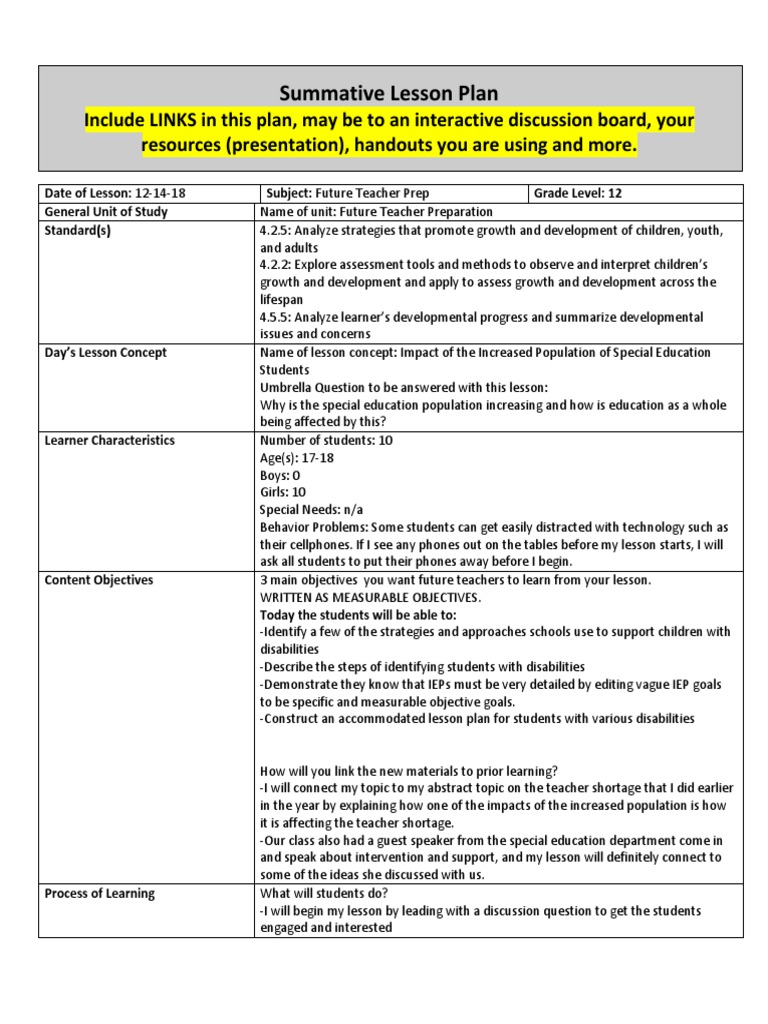 Summative Lesson Plan 1 | Special Education | Individualized Education ...