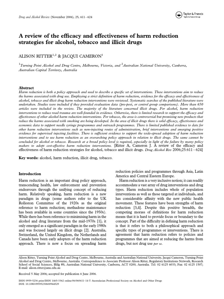 A Review of The Efficacy and Effectiveness of Harm Reduction Strategies ...