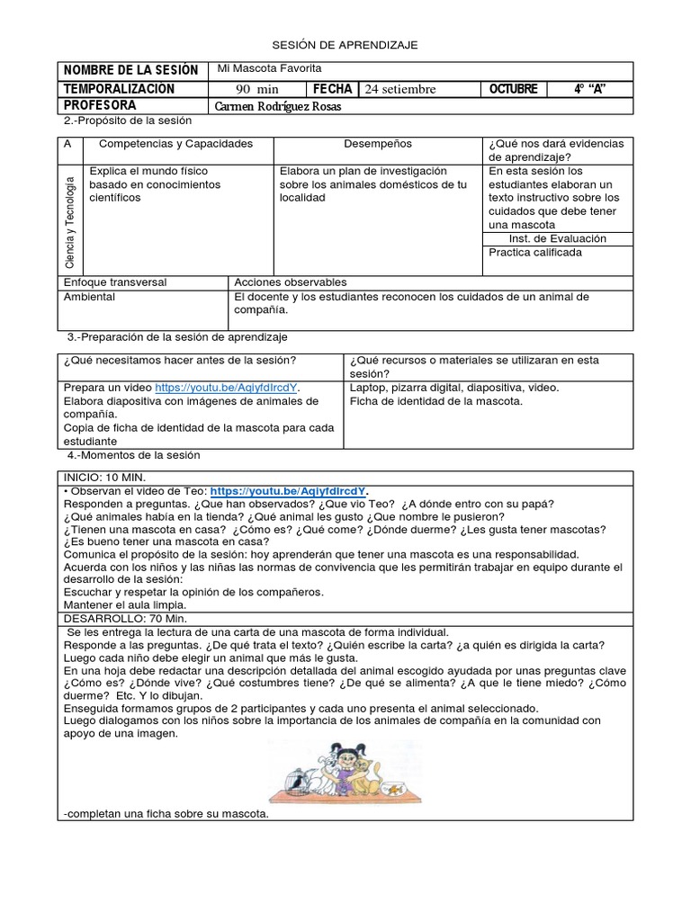Sesión de Aprendizaje: Mi Mascota Favorita | PDF | Mascota | Maestros