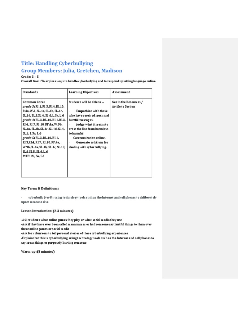 Lesson Plan Cyberbullying-2 | Download Free PDF | Cyberbullying ...