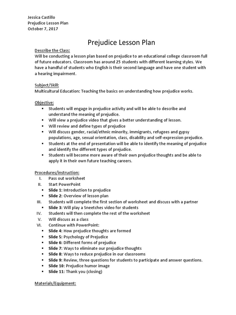 Lesson Plan Edu 280 | PDF | Prejudices | Lesson Plan