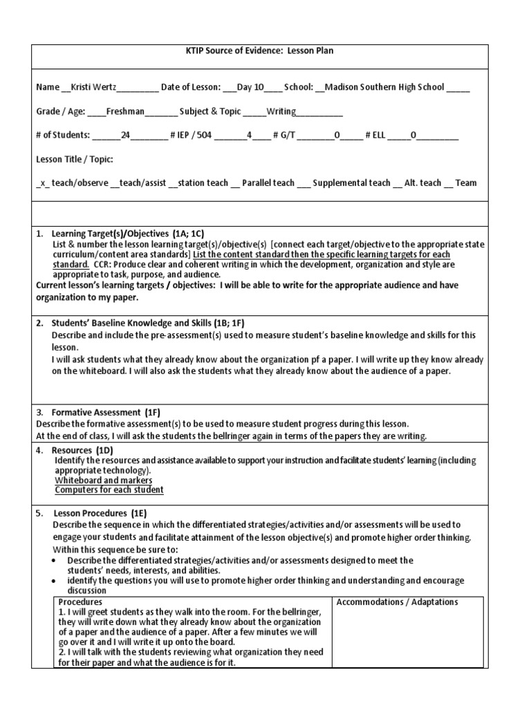KTIP Source of Evidence: Lesson Plan | PDF | Educational Assessment ...
