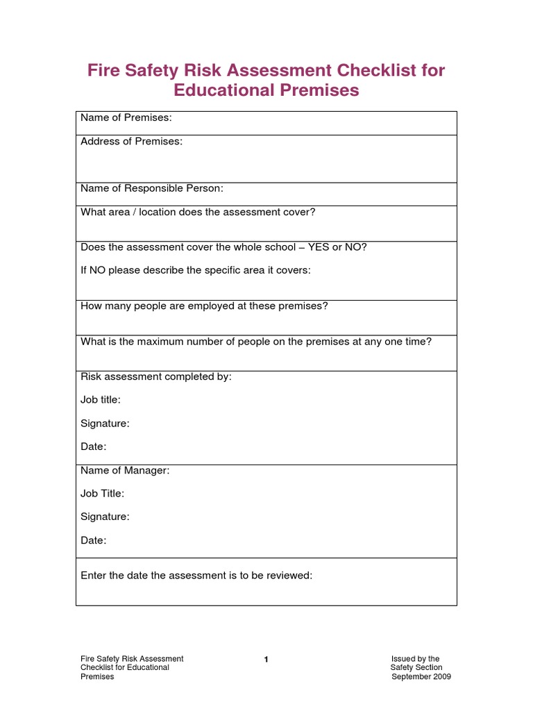 Fire Safety Risk Assessment Checklist For Educational Premises | PDF ...