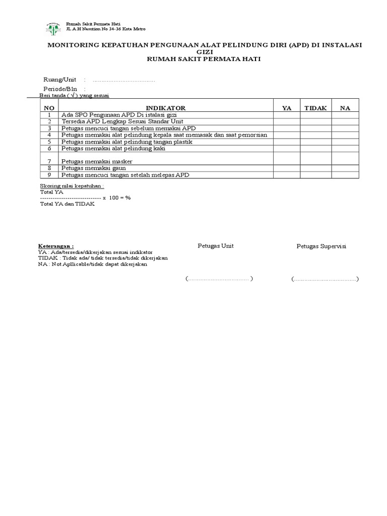 Format Monitoring Ppi Apd Di Instalasi Gizi | PDF