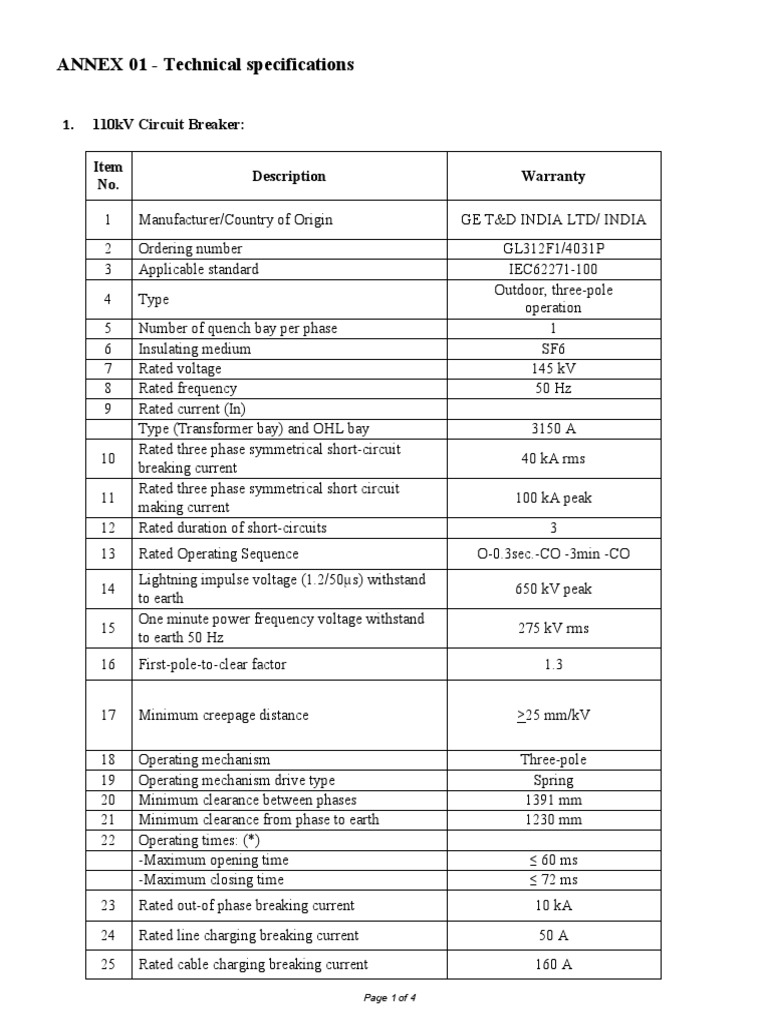 ANNEX 01 - Technical Specifications: 1. 110kV Circuit Breaker | PDF ...