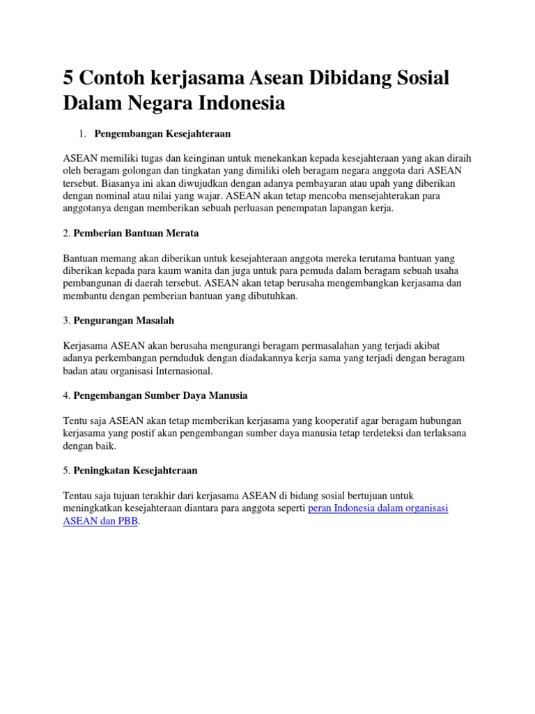5 Contoh Kerjasama Asean Dibidang Sosial Dalam Negara Indonesia | PDF