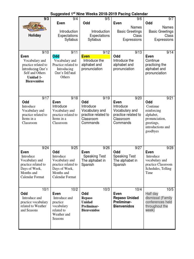 Spanish I - Nine Weeks Pacing Charts 18-19 - Heritage High School | PDF ...