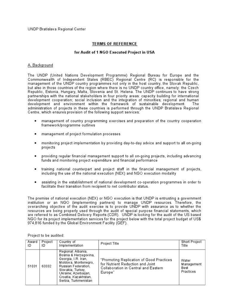 Terms of Reference For Audit of 1 NGO Executed Project in USA | PDF ...