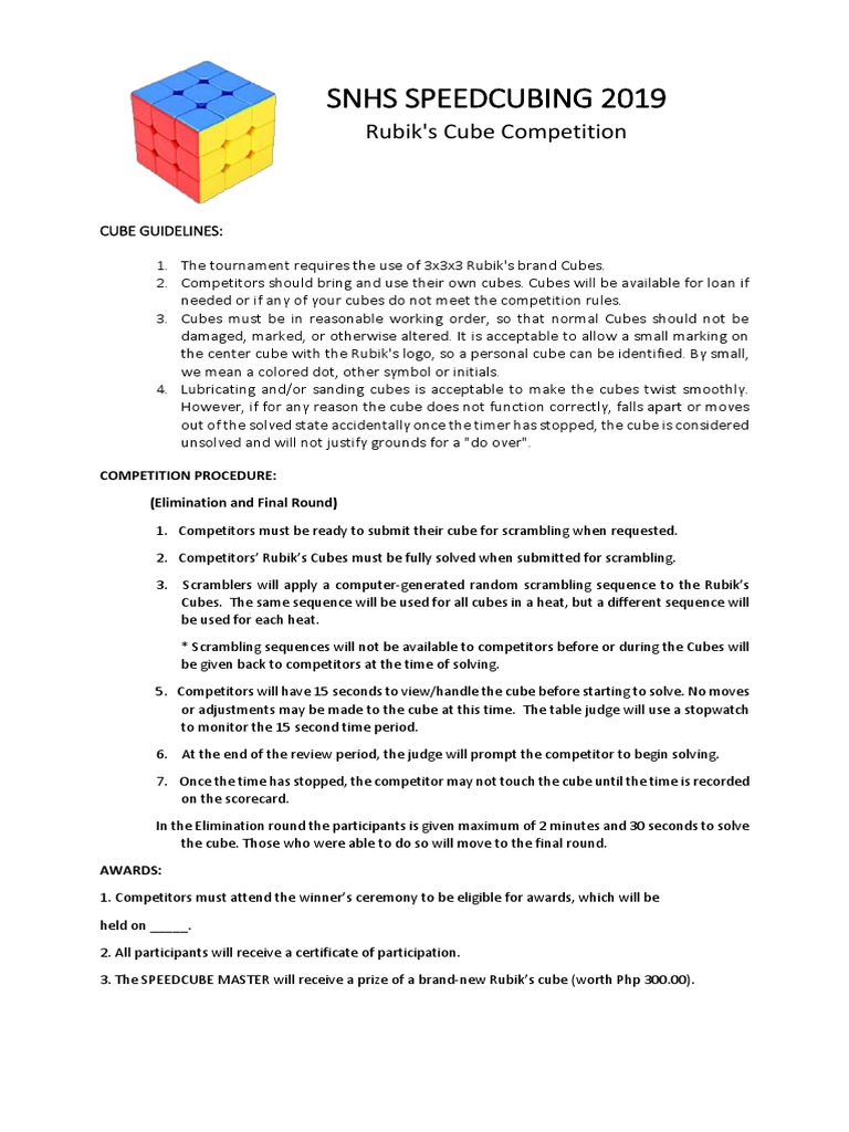 Snhs Speedcubing 2019: Rubik's Cube Competition | PDF