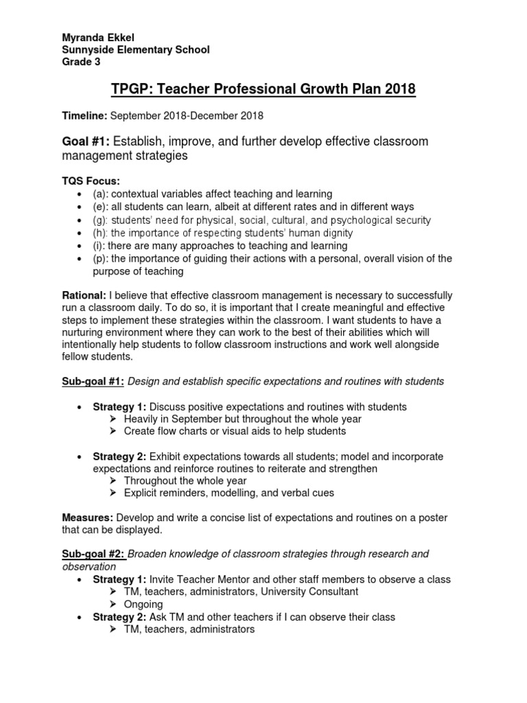 TPGP: Teacher Professional Growth Plan 2018: Goal #1: Establish ...