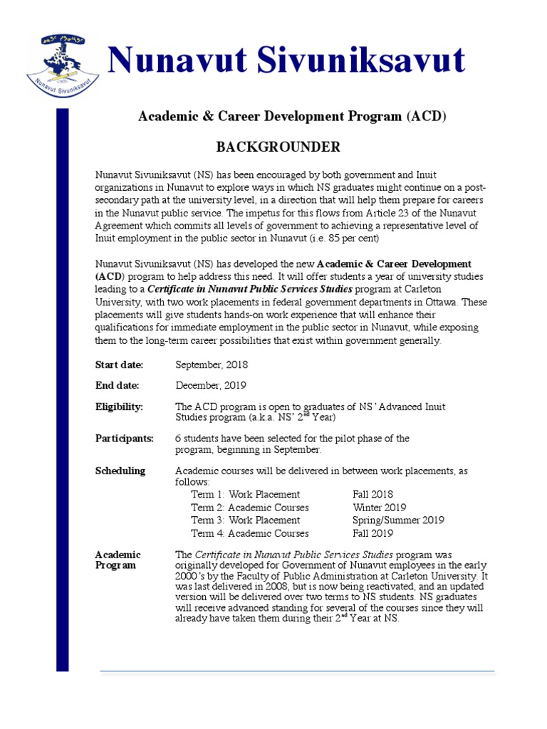 Academic & Career Development Program Backgrounder | PDF | Inuit ...