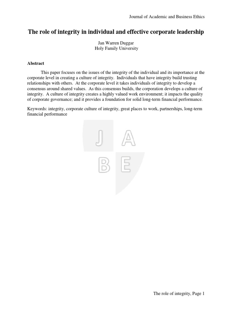 The Role of Integrity in Individual and Effective Corporate Leadership ...