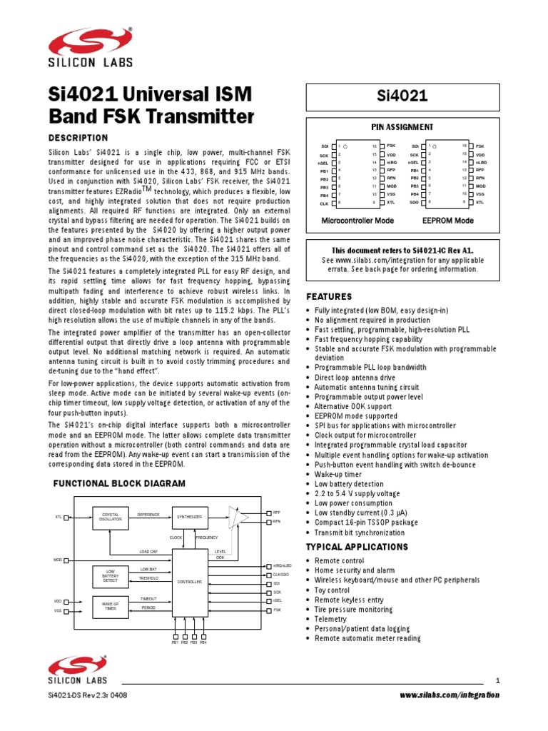 Si4021 Universal ISM Band FSK Transmitter | PDF | Microcontroller ...