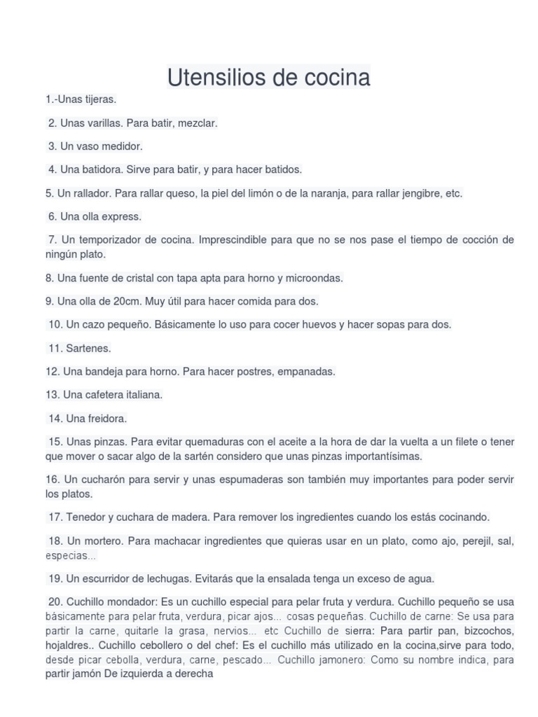 Utensilios de Cocina | PDF | Cocinando | Cocina europea