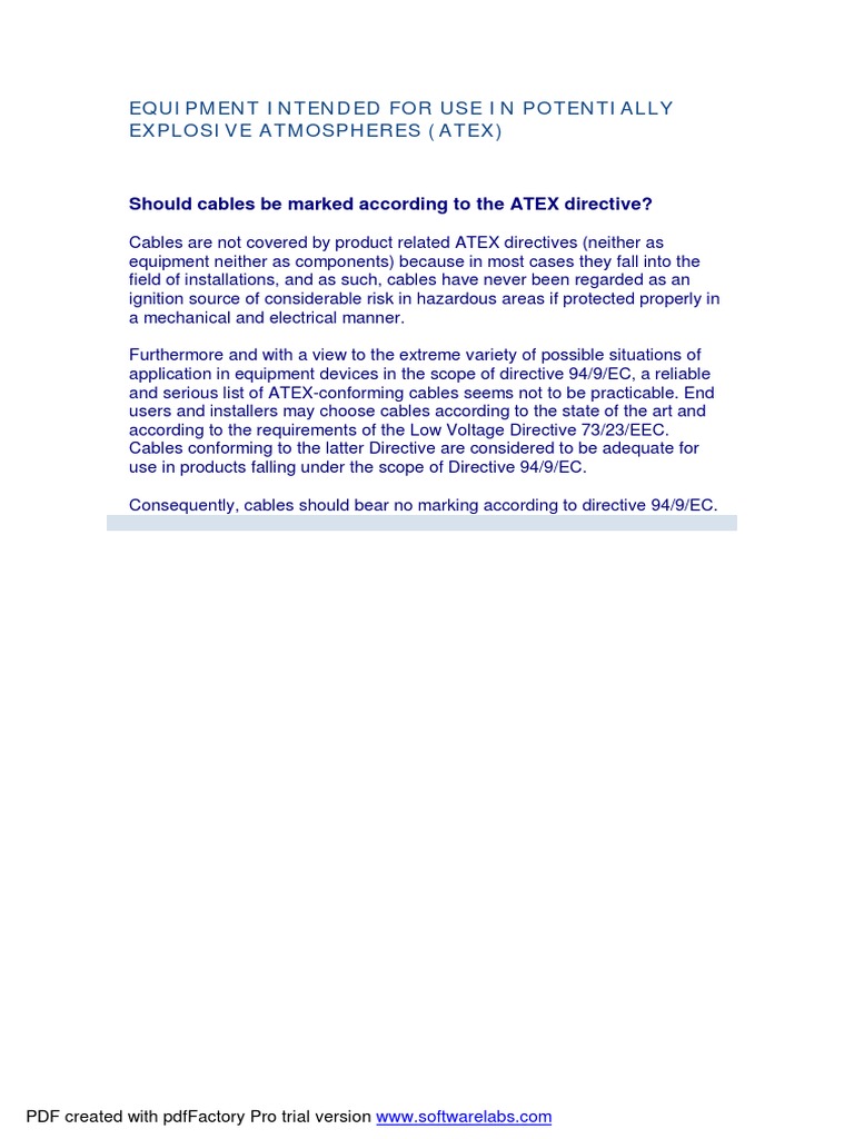 Equipment Intended For Use in Potentially Explosive Atmospheres (Atex ...