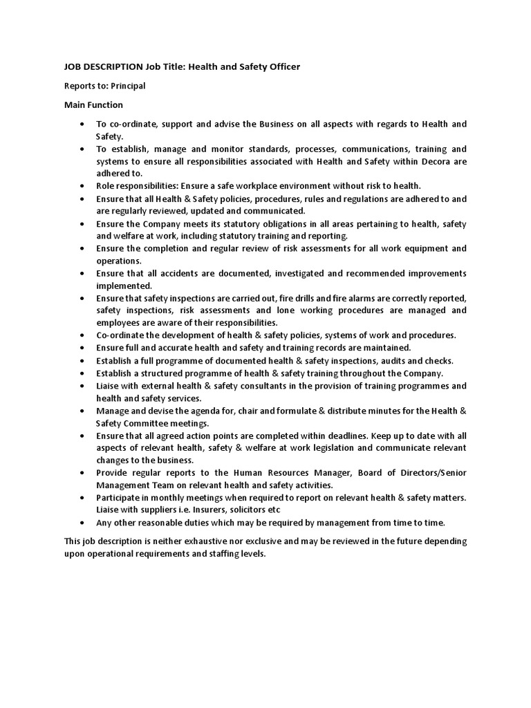 JOB DESCRIPTION Job Title: Health and Safety Officer: Main Function ...