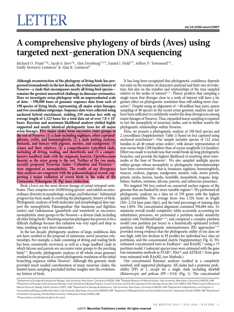 Prum Et Al. 2015 - A Phylogeny of Birds & Next-Generation DNA Seq | PDF ...
