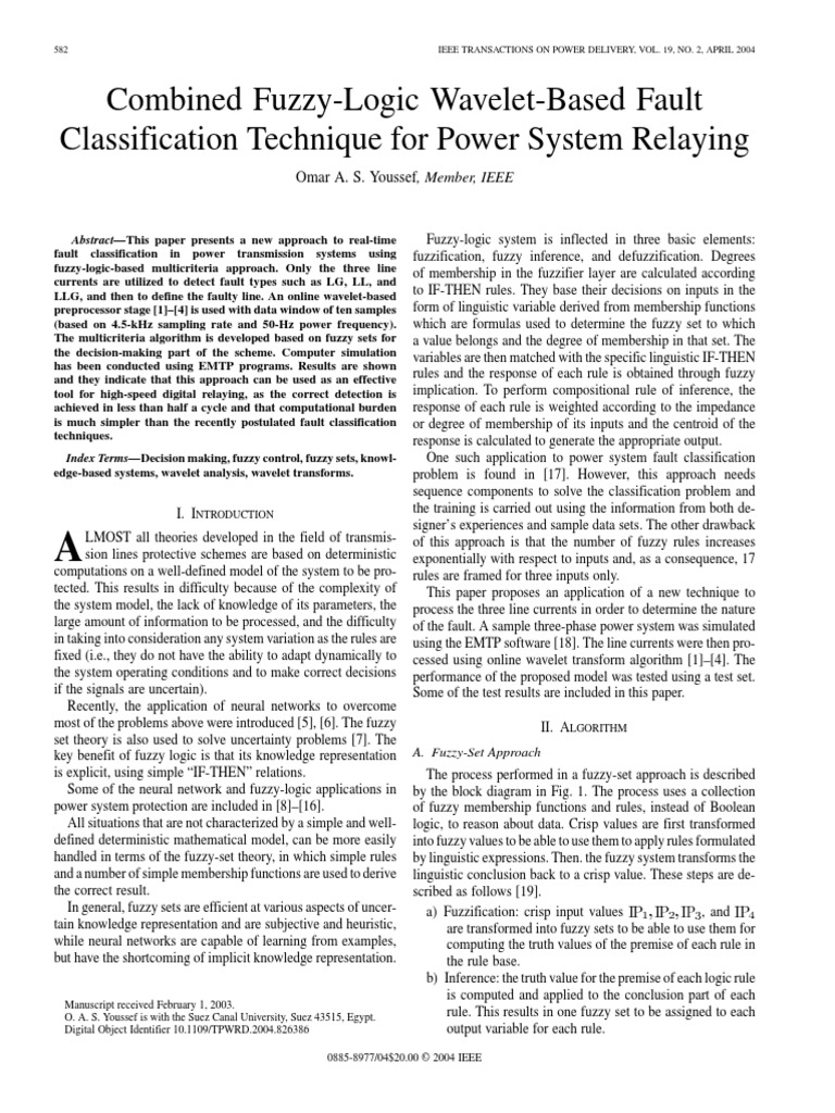 Combined Fuzzy-Logic Wavelet-Based Fault Classification Technique For Power System Relaying ...