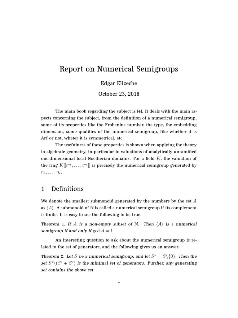 Report On Numerical Semigroups | PDF | Ring Theory | Mathematical Concepts