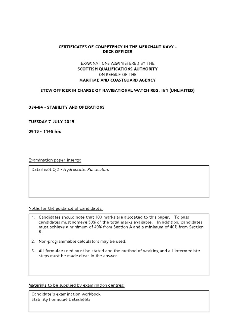 2015 Jul OOW Stability SQA Past Paper | PDF | Water Transport | Ships