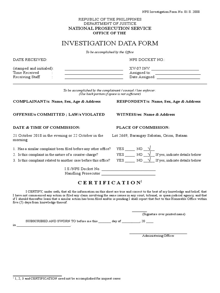 NPS Investigation Form Template 2008 | PDF | Complaint | Prosecutor