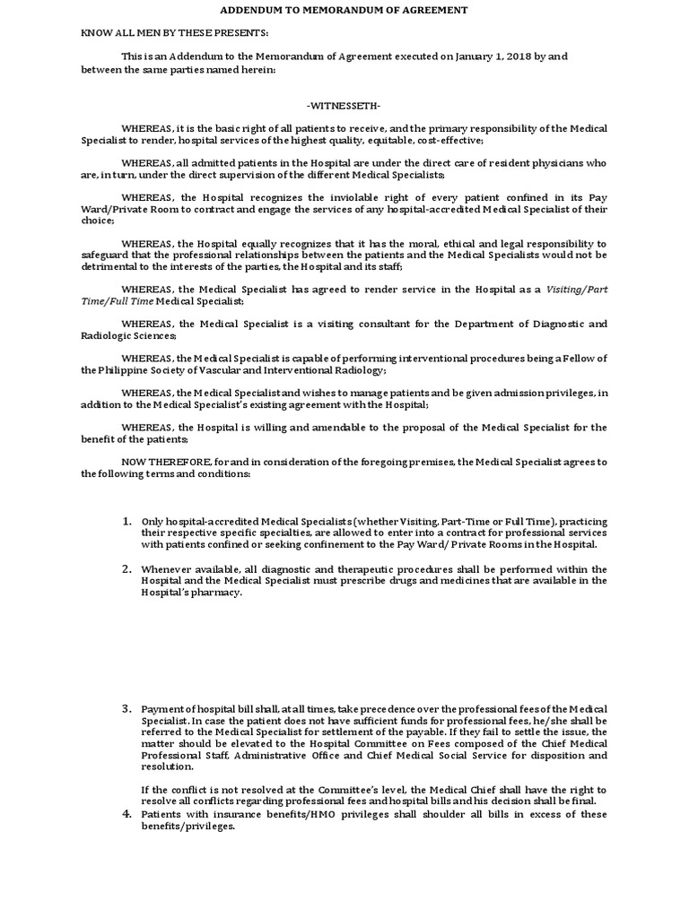 MOA Addendum | PDF | Specialty (Medicine) | Hospital