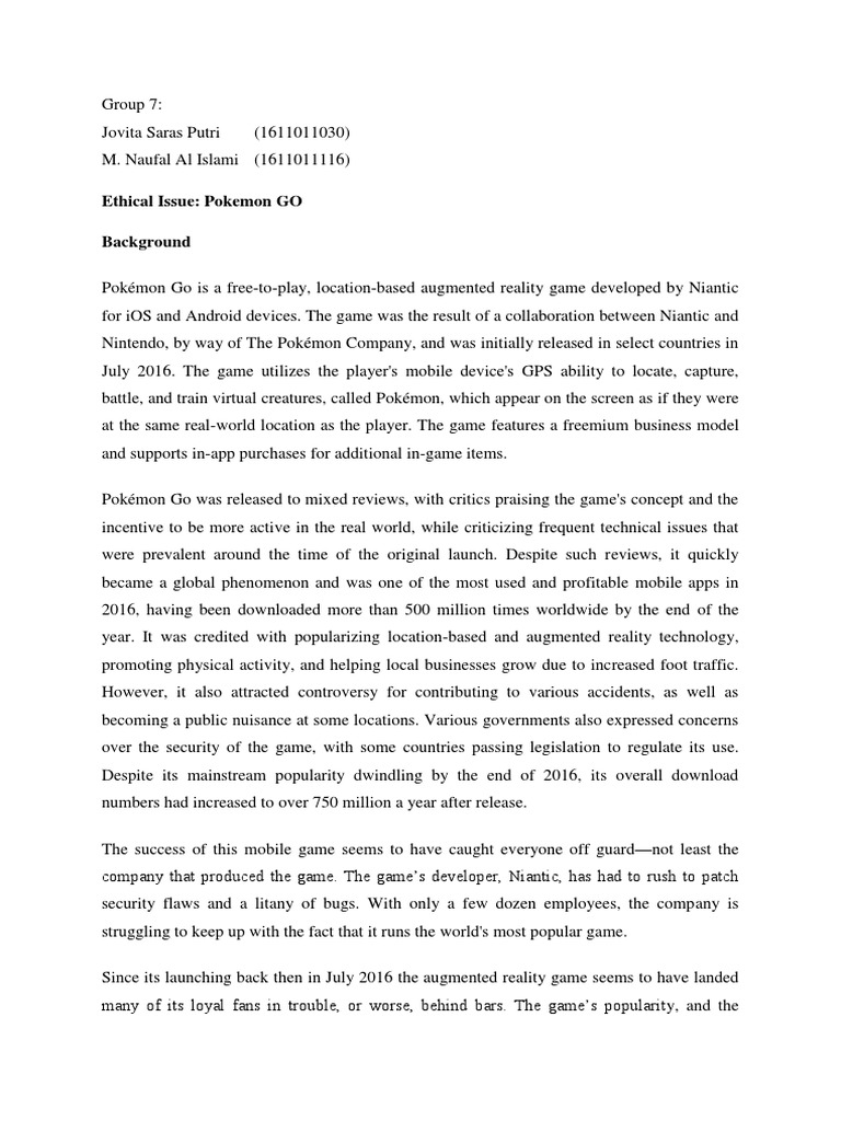 Ethical Issue: Pokemon GO Background | PDF | Pokémon Go | Business