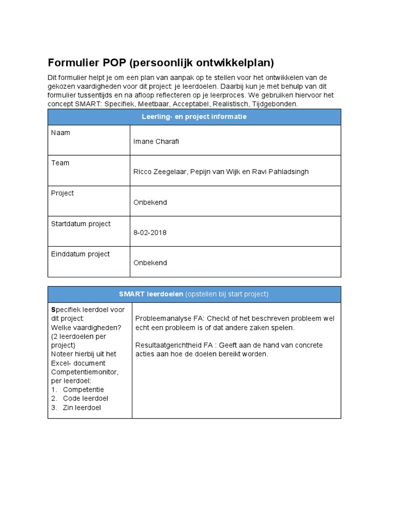 Formulier Pop Persoonlijk Ontwikkelplan | PDF