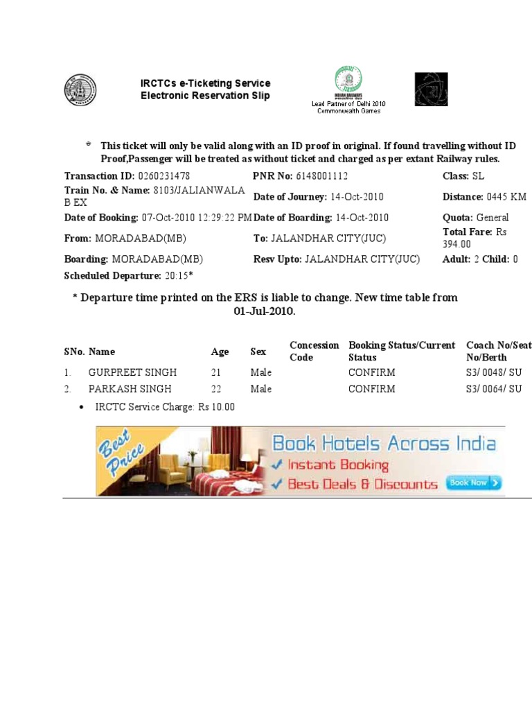 IRCTC e-Ticketing Confirmation Details | PDF