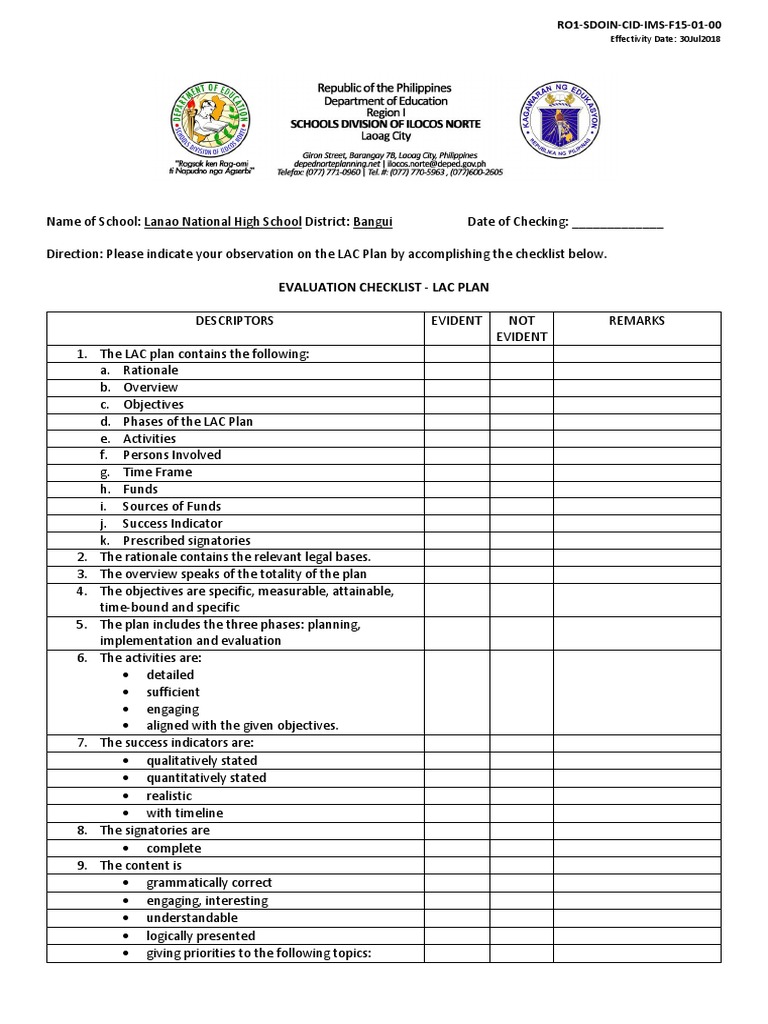 LAC Plan Evaluation Checklist | PDF | Change | Pedagogy