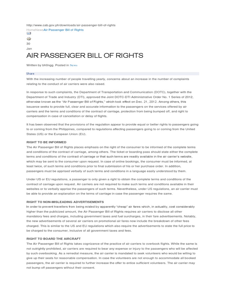Air Passenger Bill of Rights - 10 December 2012 | PDF | Airlines | Fee