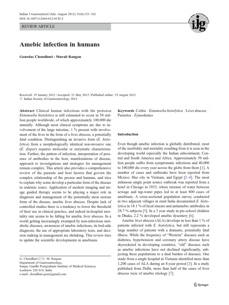 Amebic Infection in Humans: Review Article | PDF | Infection | Biology