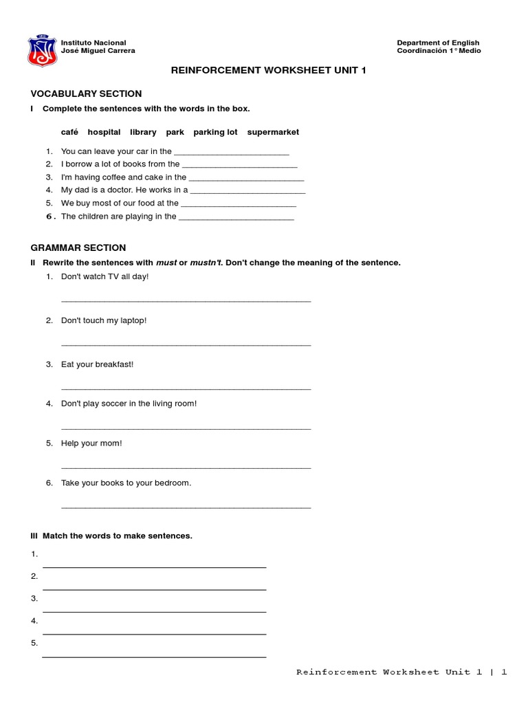 1 Ingles English Reinforcement Worksheet Unit One Part II | PDF