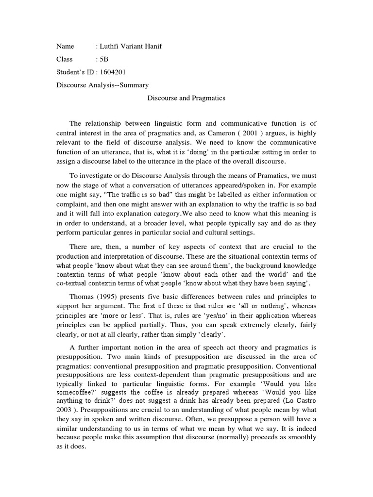 Discourse Analysis in Pragmatics | PDF | Philosophical Movements ...
